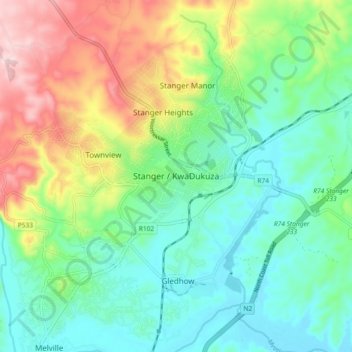 Mapa topográfico Stanger / KwaDukuza, altitude, relevo