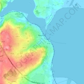 Mapa topográfico Wexford, altitude, relevo