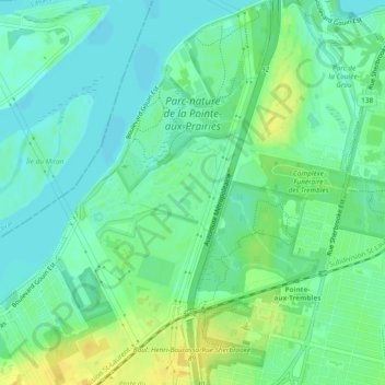 Mapa topográfico Parc-nature de la Pointe-aux-Prairies, altitude, relevo