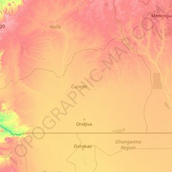 Mapa topográfico Cunene, altitude, relevo