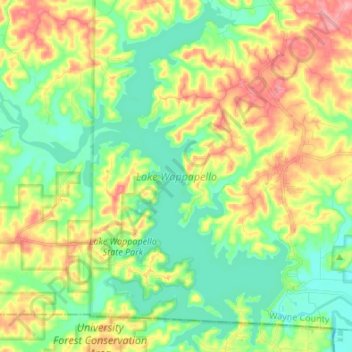 Mapa topográfico Lake Wappapello, altitude, relevo
