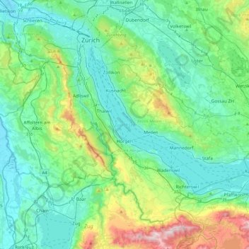 Mapa topográfico Lac de Zurich, altitude, relevo