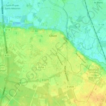 Mapa topográfico Olivet, altitude, relevo