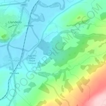 Mapa topográfico Coed Tregib, altitude, relevo